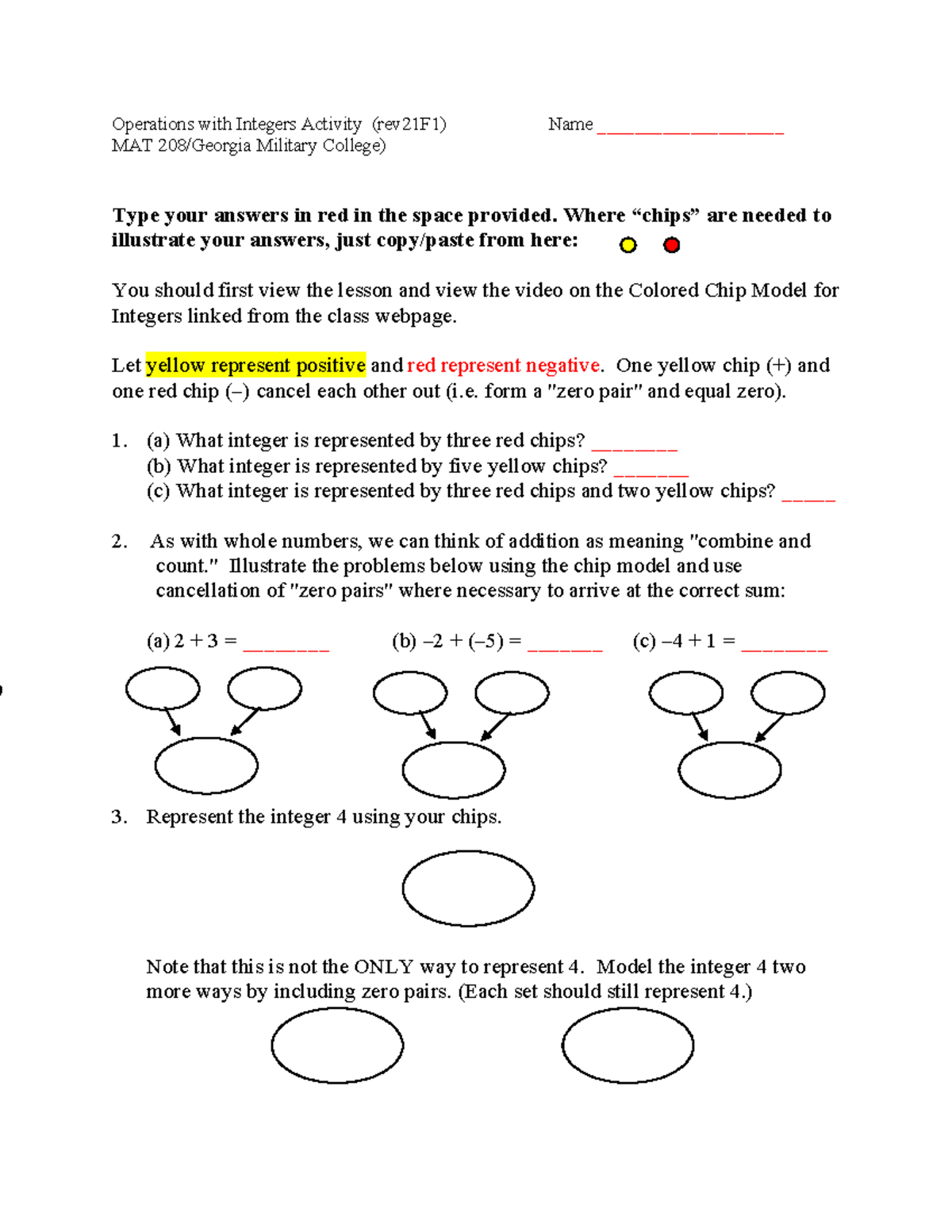 Operations with Integers Activity rev21F1 (12) - Operations with ...