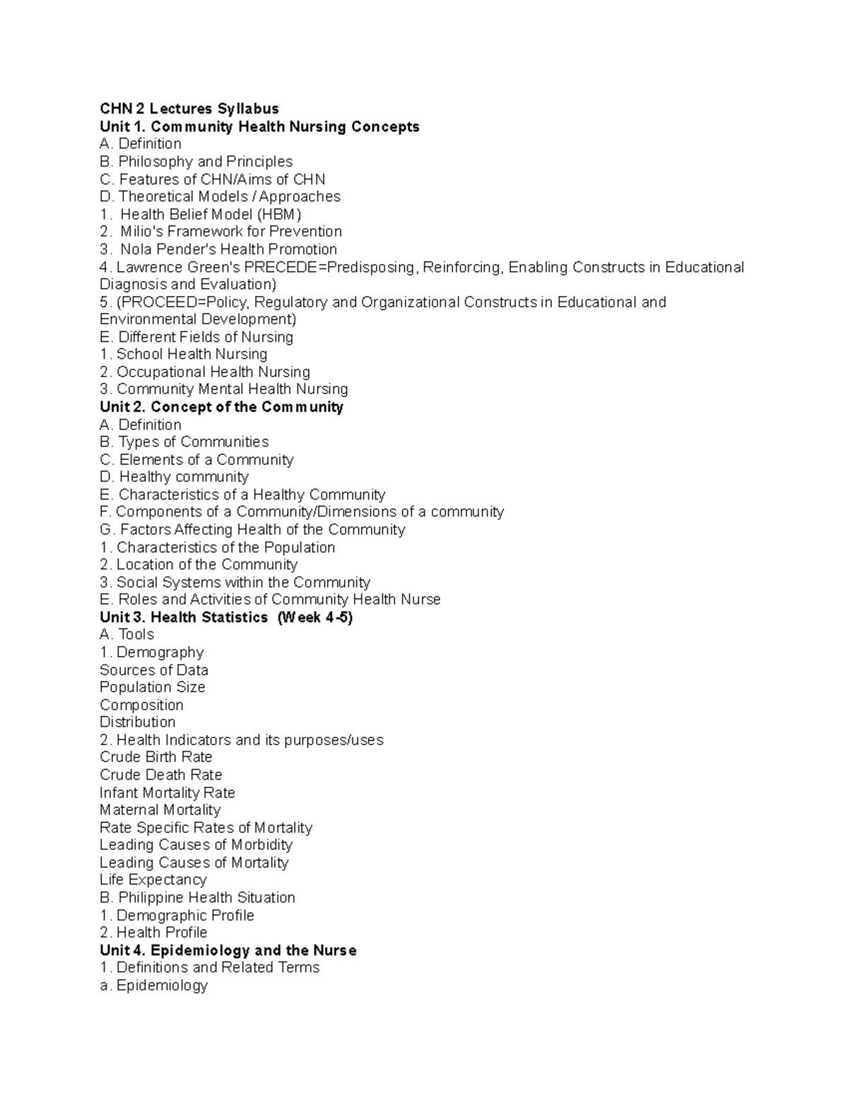 CHN 2 Lectures Syllabus for bsn ahshsdbs - CHN 2 Lectures Syllabus Unit ...