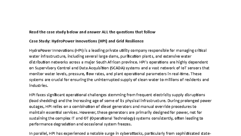 Case Study Analysis: HydroPower Innovations (HPI) and Cybersecurity ...