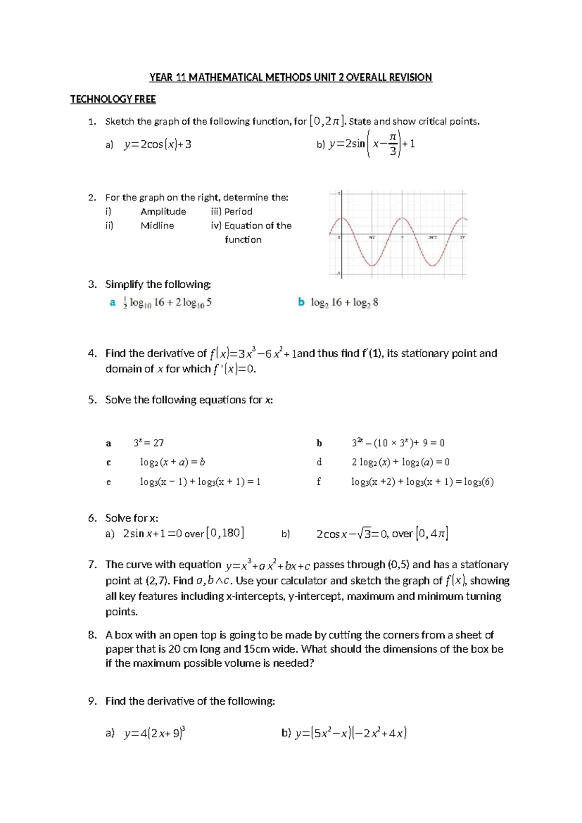 YEAR 11 MATHEMATICAL METHODS FIA4 UNIT 2 REVISION NOTES - Studocu