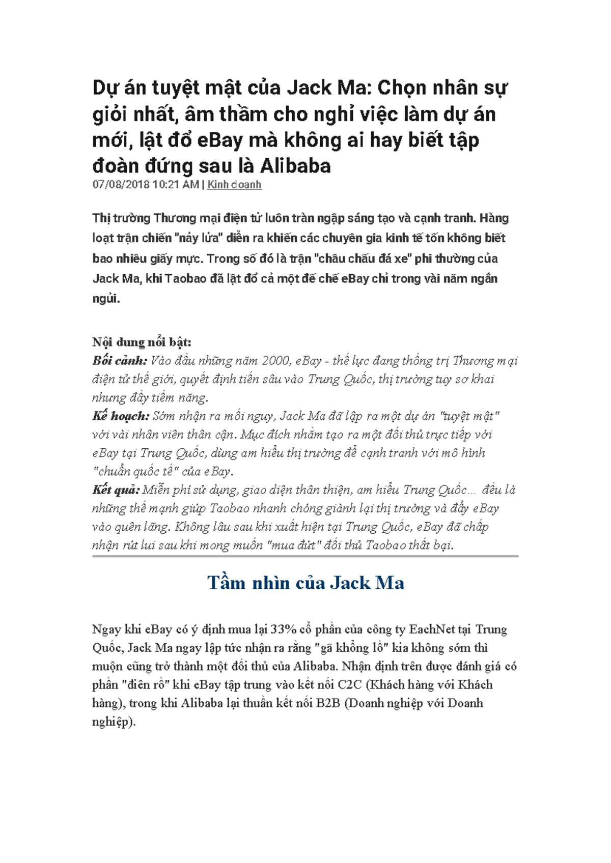 Dự án bí mật của Jack Ma: Chiến lược lật đổ eBay tại TQ - Studocu