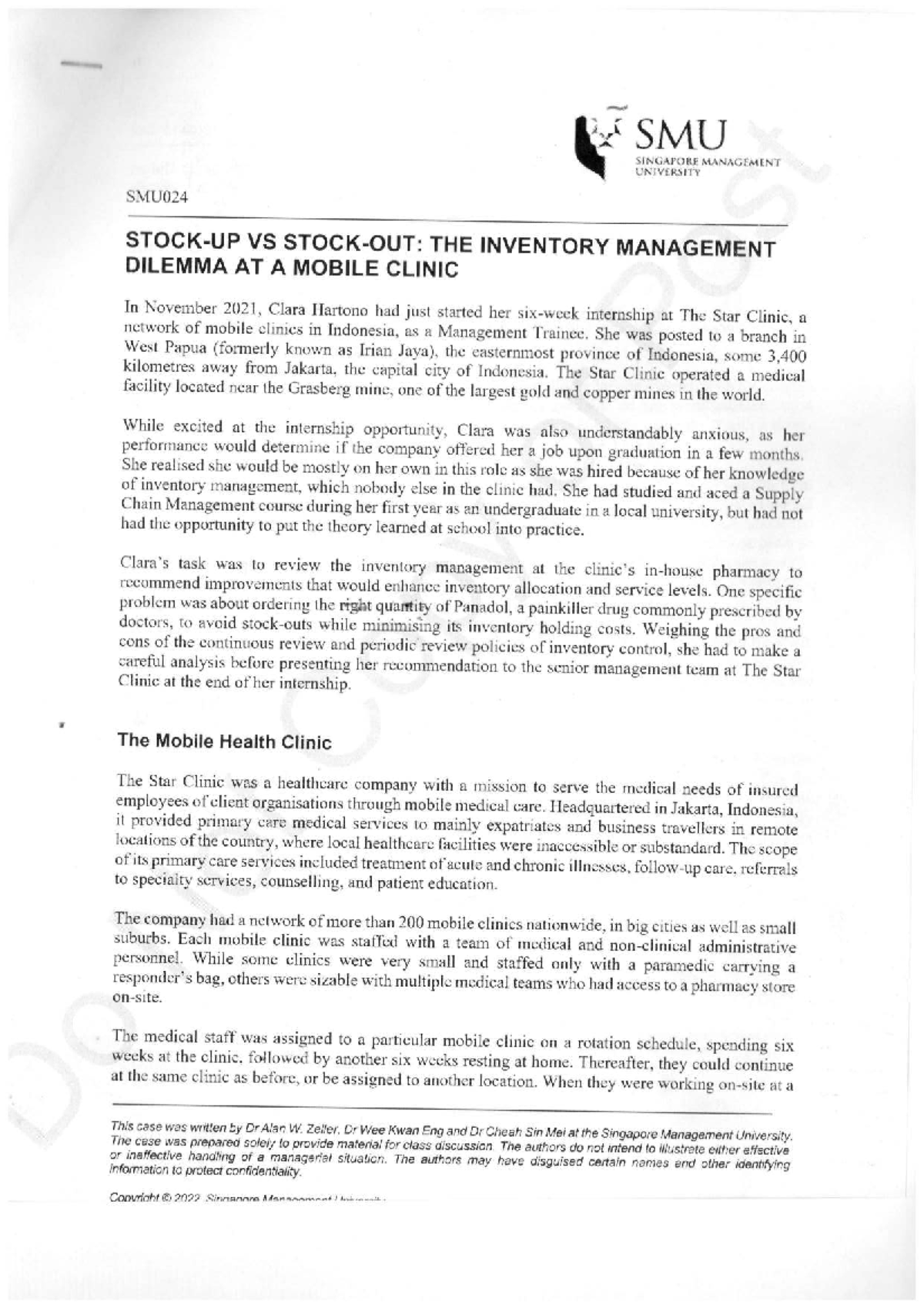 SMU024 Case Study: Inventory Management Challenges at The Star Clinic ...