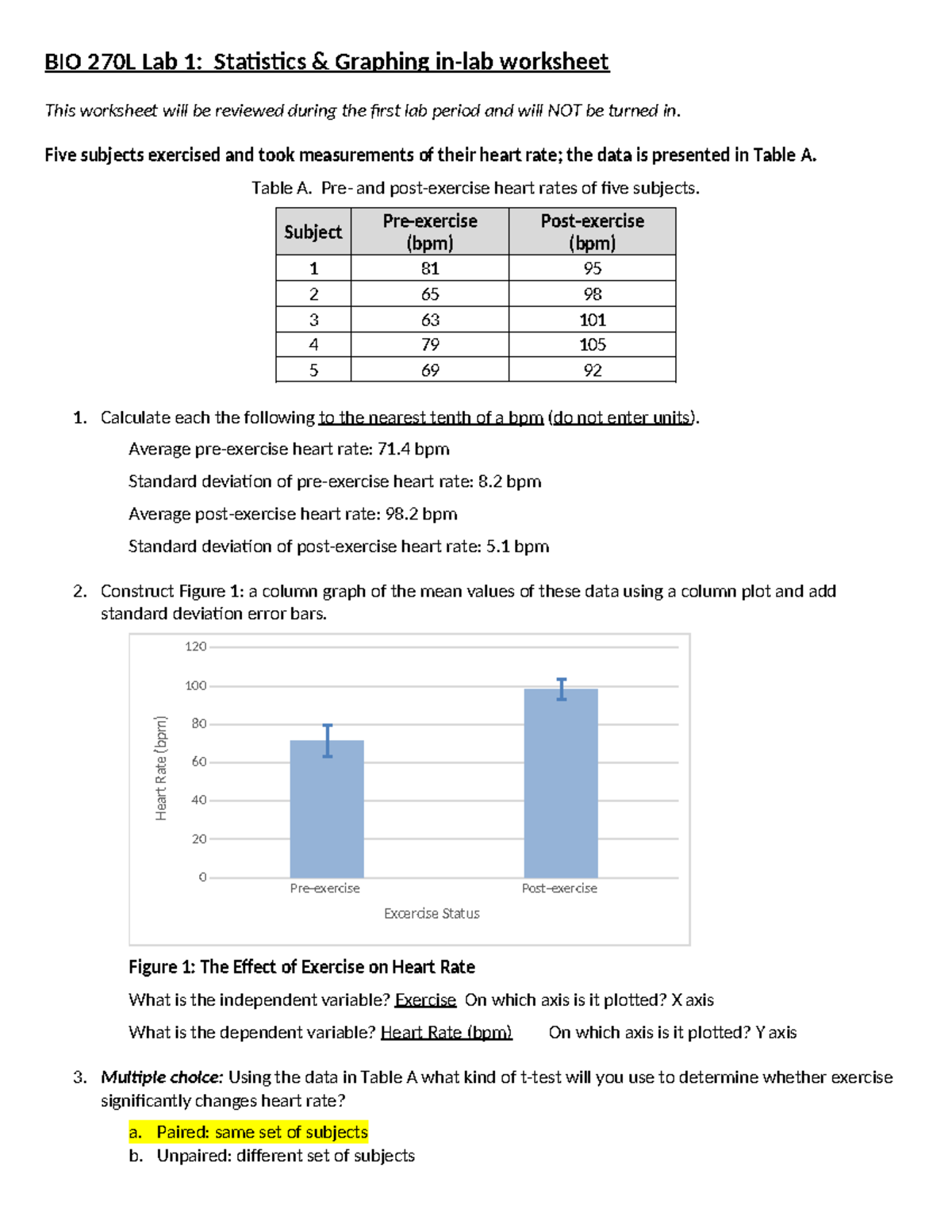 Lab 1 Statistics and Graphing in-lab worksheet, DO NOT Submit - BIO ...