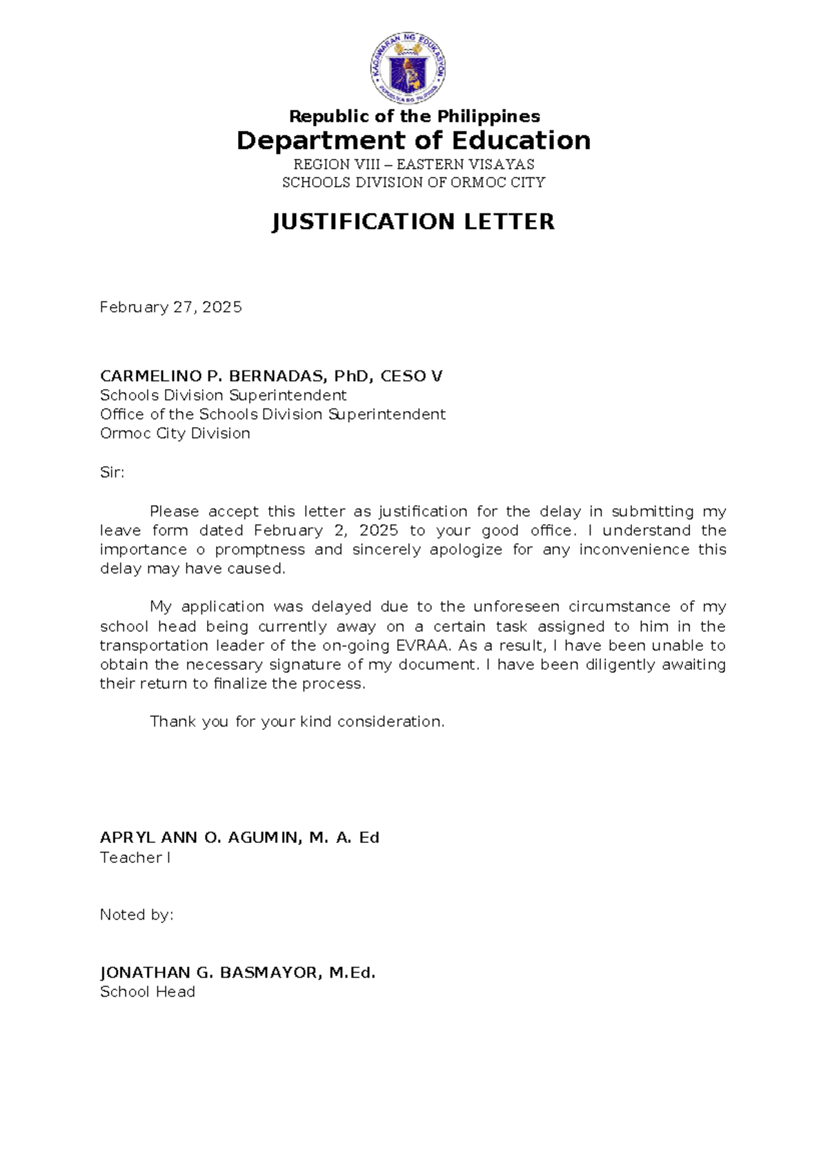 Justification for Travel - DepEd Order No. 43, s. 2022 Documents - Studocu