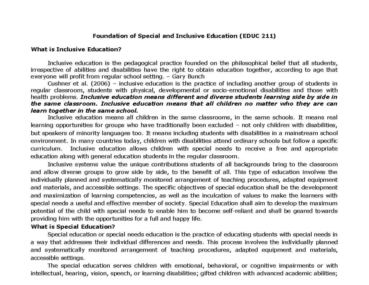 EDUC 211 BSEDSCI 2-A Topic Assignment: Foundations of Inclusive ...