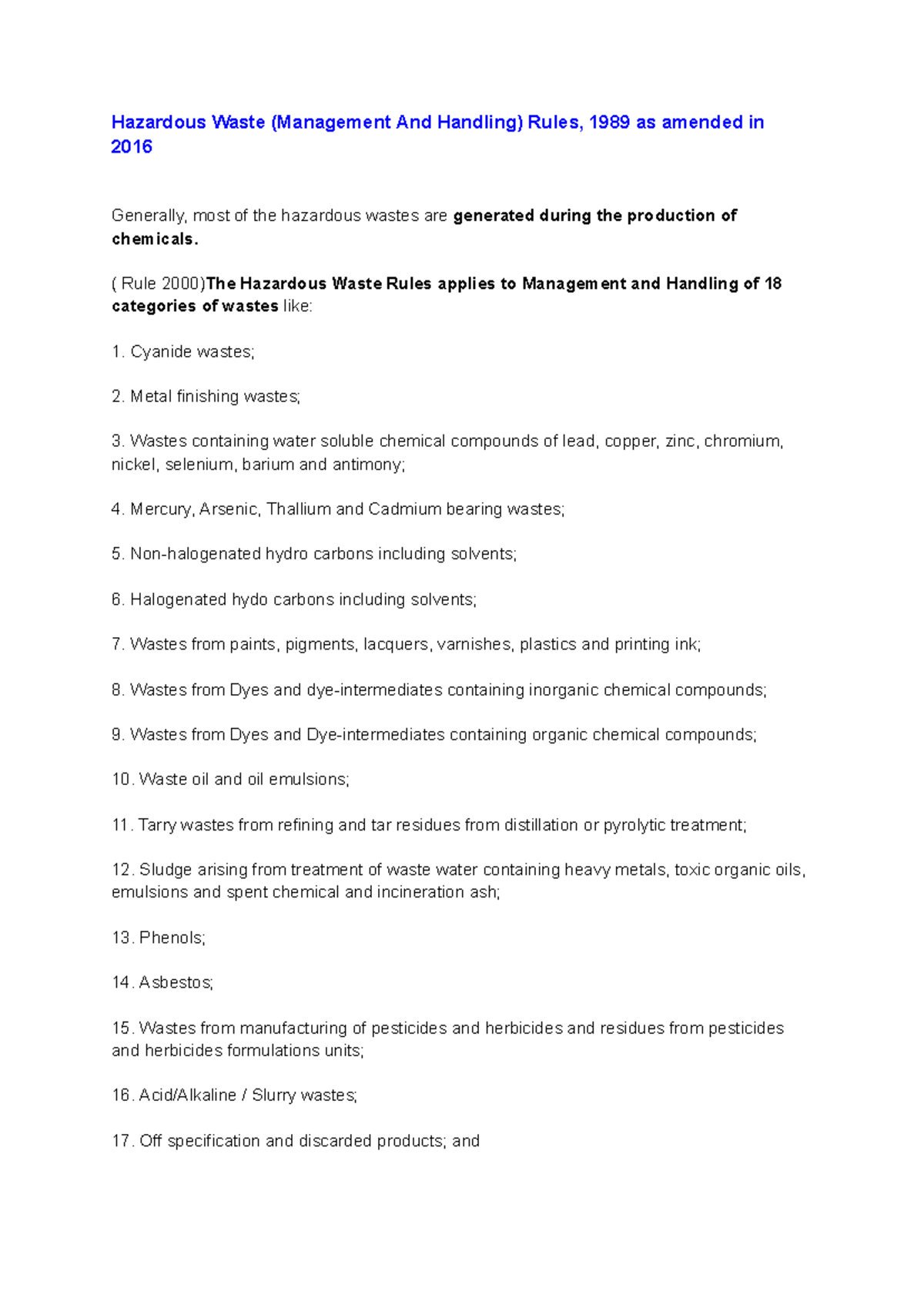 Hazardous Waste Management Rules 1989 & 2016: Key Notes - Studocu