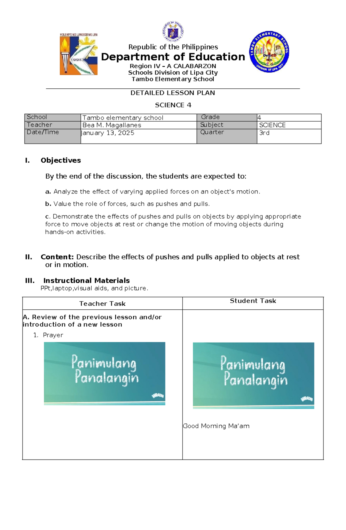 Grade 4 Science Lesson Plan: Exploring Push and Pull Forces - Studocu