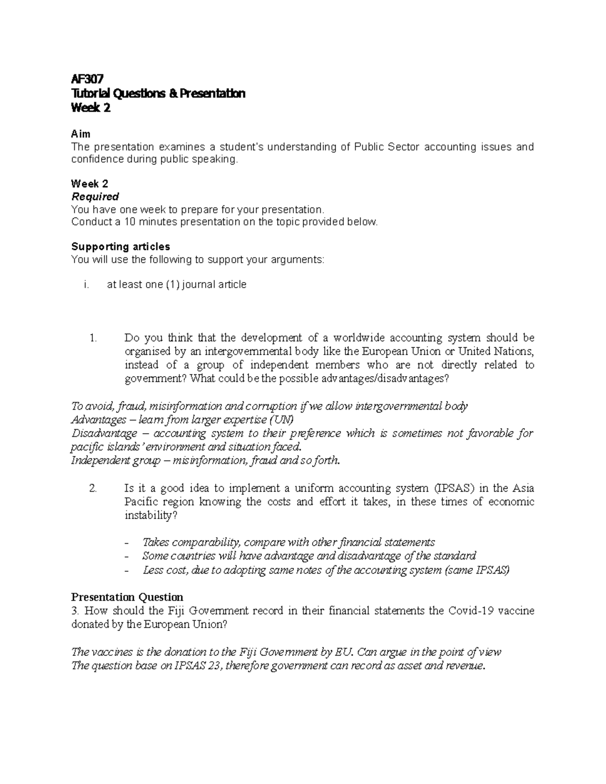 Week 2 - Student questions and solutions - AF 307 Tutorial Questions ...