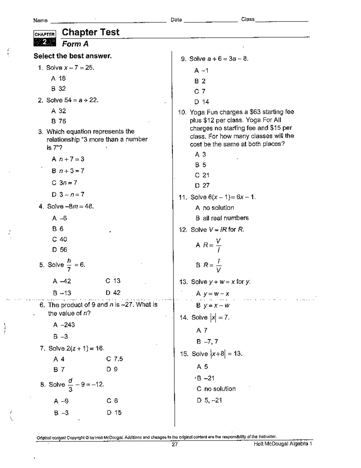 Algebra 1 Chapter 2 Test Review: Practice Questions & Solutions - Studocu