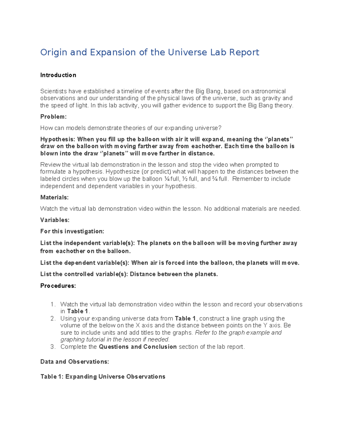 Origin and Expansion of the Universe Lab Report (ASTR 101) - Studocu