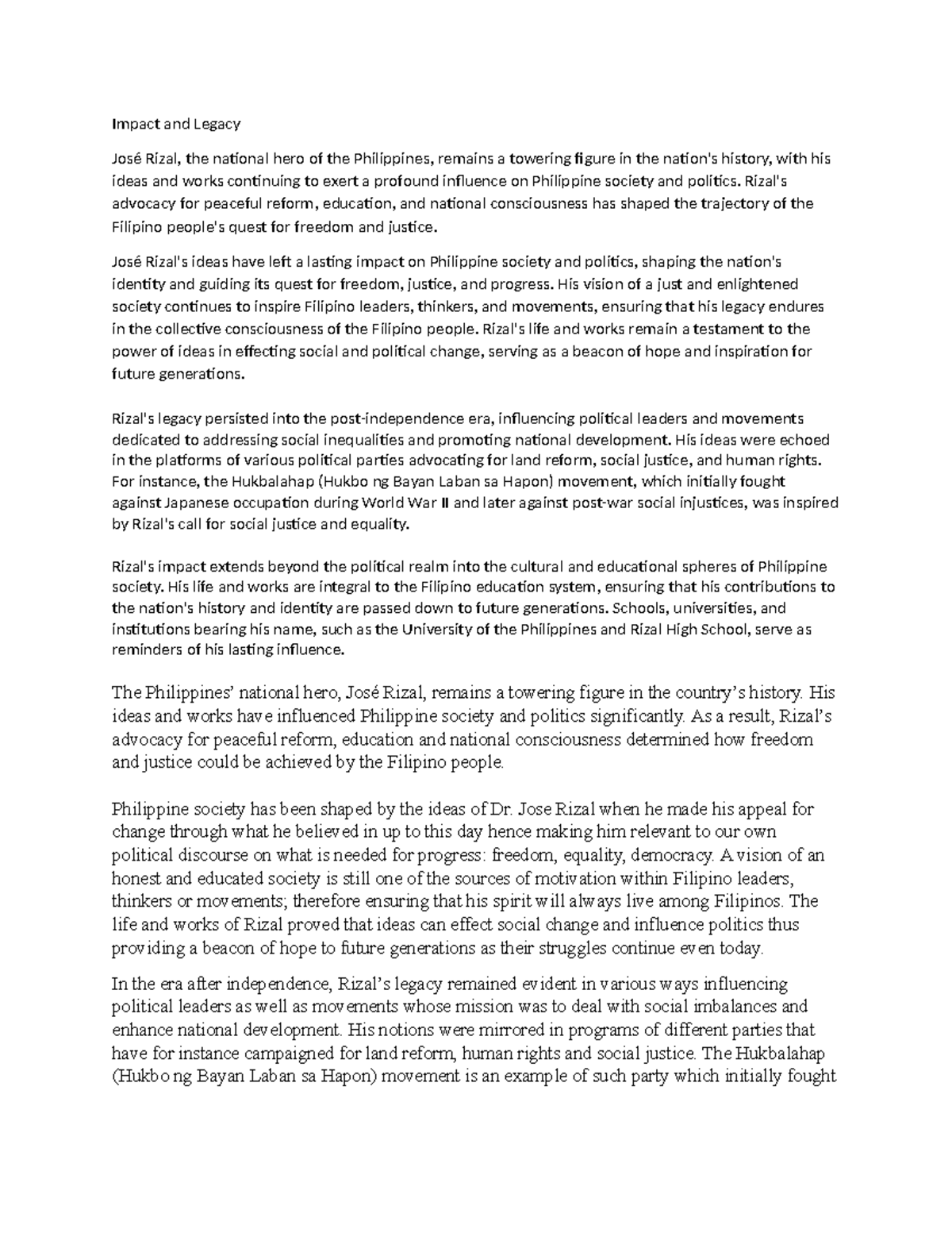 Rizal's Impact and Legacy: Insights for the Final Exam (Course Code ...