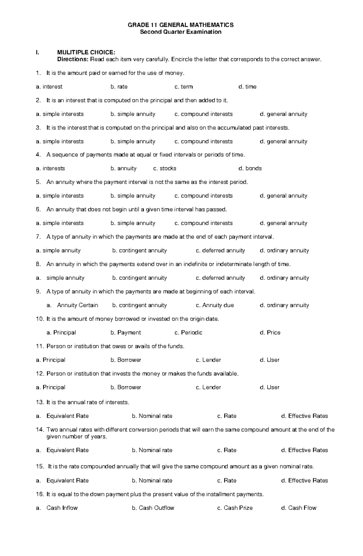 Grade 11 2ND Quarter EXAM IN General Mathematics - GRADE 1 1 GENERAL ...