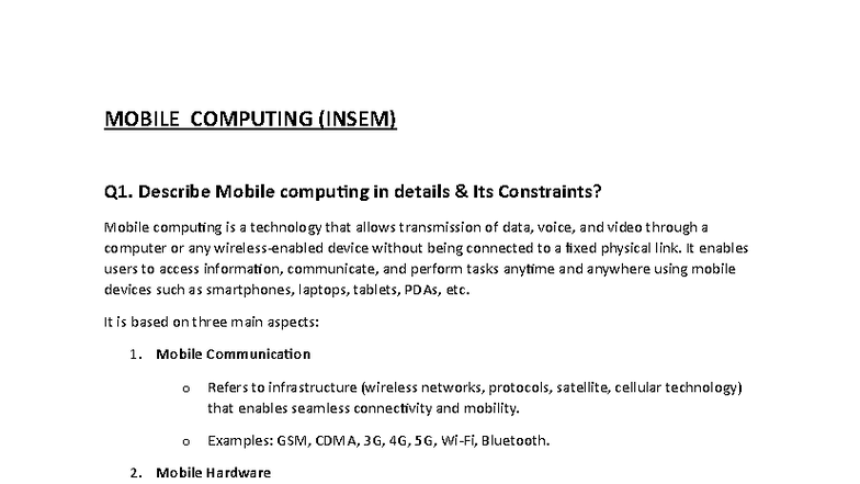 MOBILE COMPUTING (INSEM) Detailed Overview and Challenges - Studocu