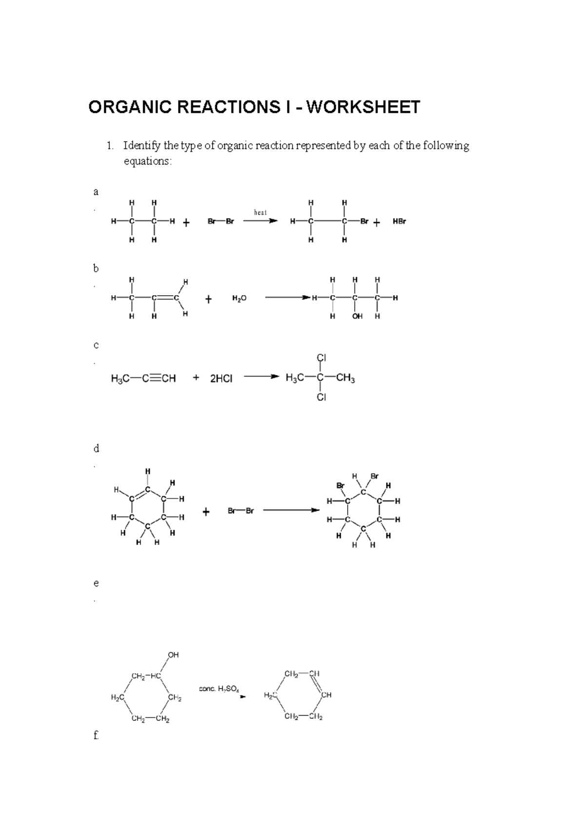 1.6 Organic Reactions I - Worksheet on Reaction Types and Equations ...