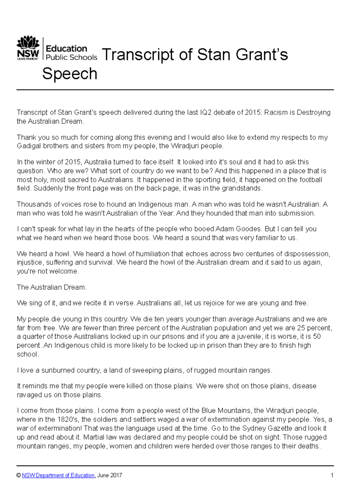 English standard y11 sni resource 7 transcript of stan grants speech - Transcript of Stan Grant ...
