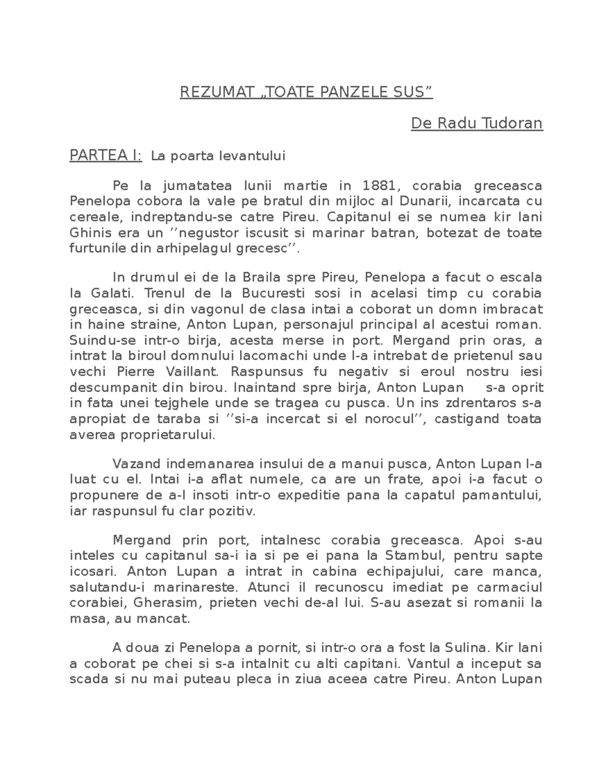 Rezumat: Toate Panzele Sus - Studiu de Caz Literatura - CLX101 - Studocu