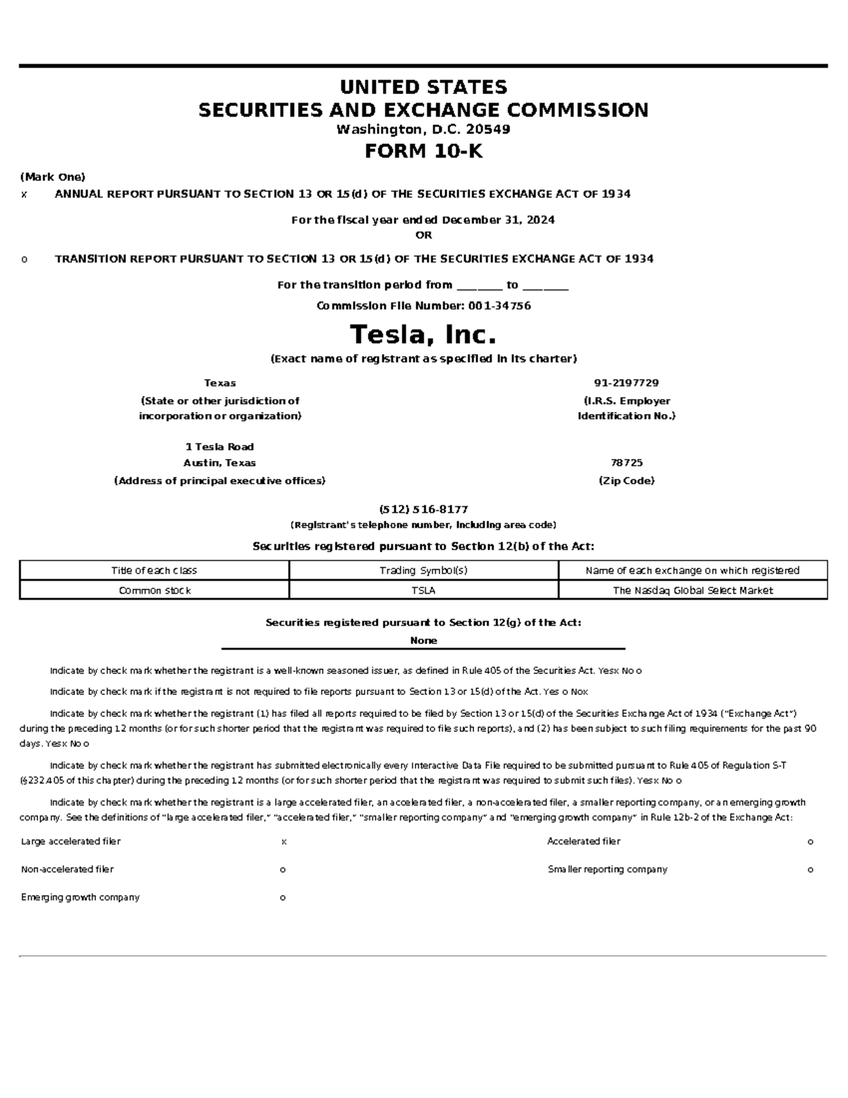 Tesla, Inc. Annual Report Form 10-K for Fiscal Year 2024 - Studocu
