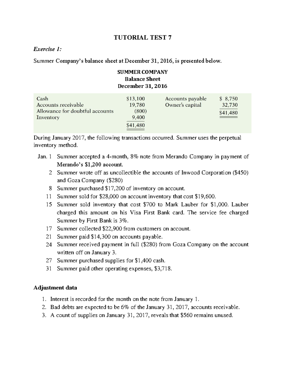 Tutorial Test 7 - Summer Company Balance Sheet Analysis - Studocu
