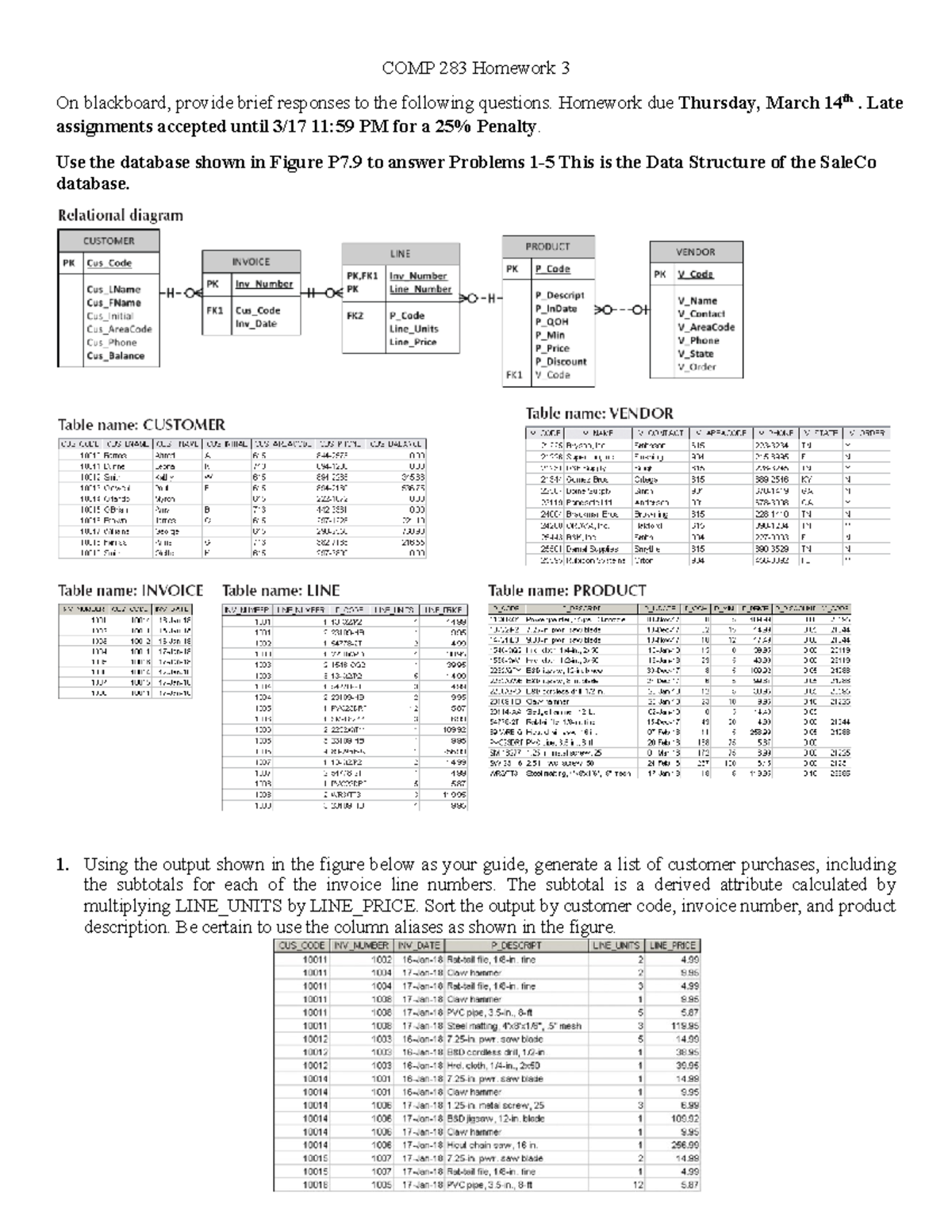 Homework 3 Data Base - COMP 283 Homework 3 On blackboard, provide brief ...