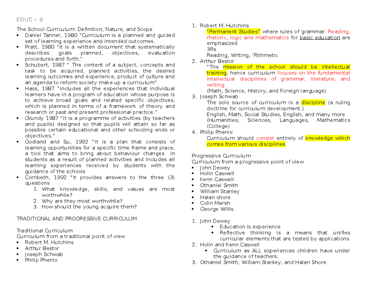 EDUC-9: Comprehensive Notes on School Curriculum Theories and ...