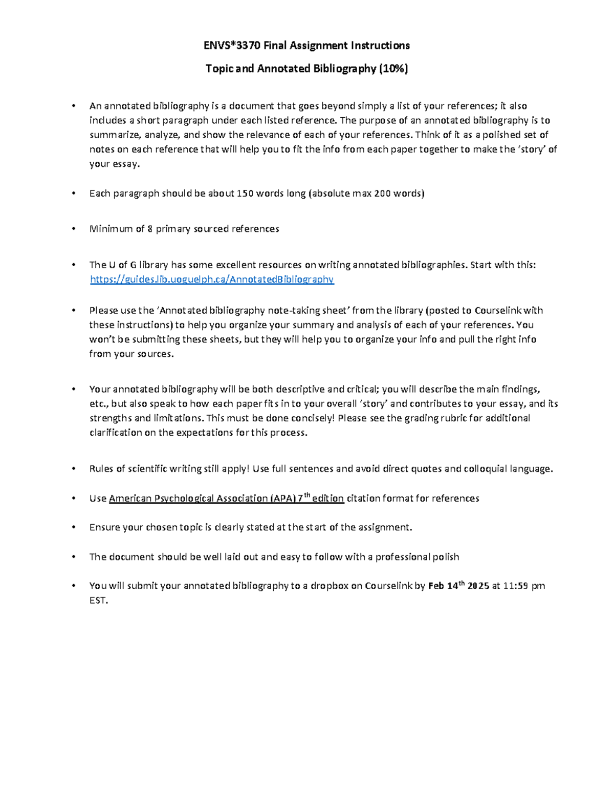 ENVS 3370 Final Assignment: Annotated Bibliography Guidelines - Studocu