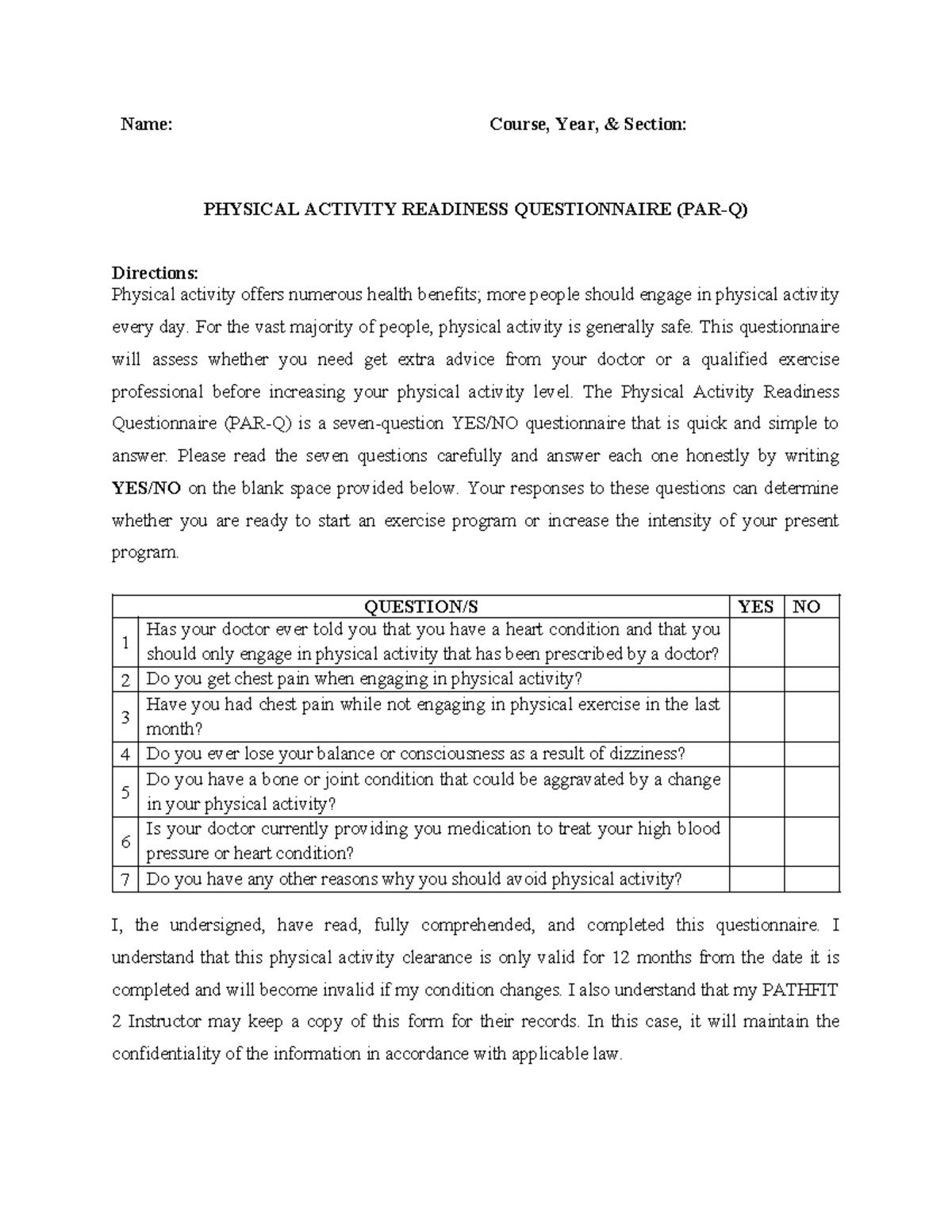 Pathfit 2: Physical Activity Readiness Questionnaire (PAR-Q) - Studocu
