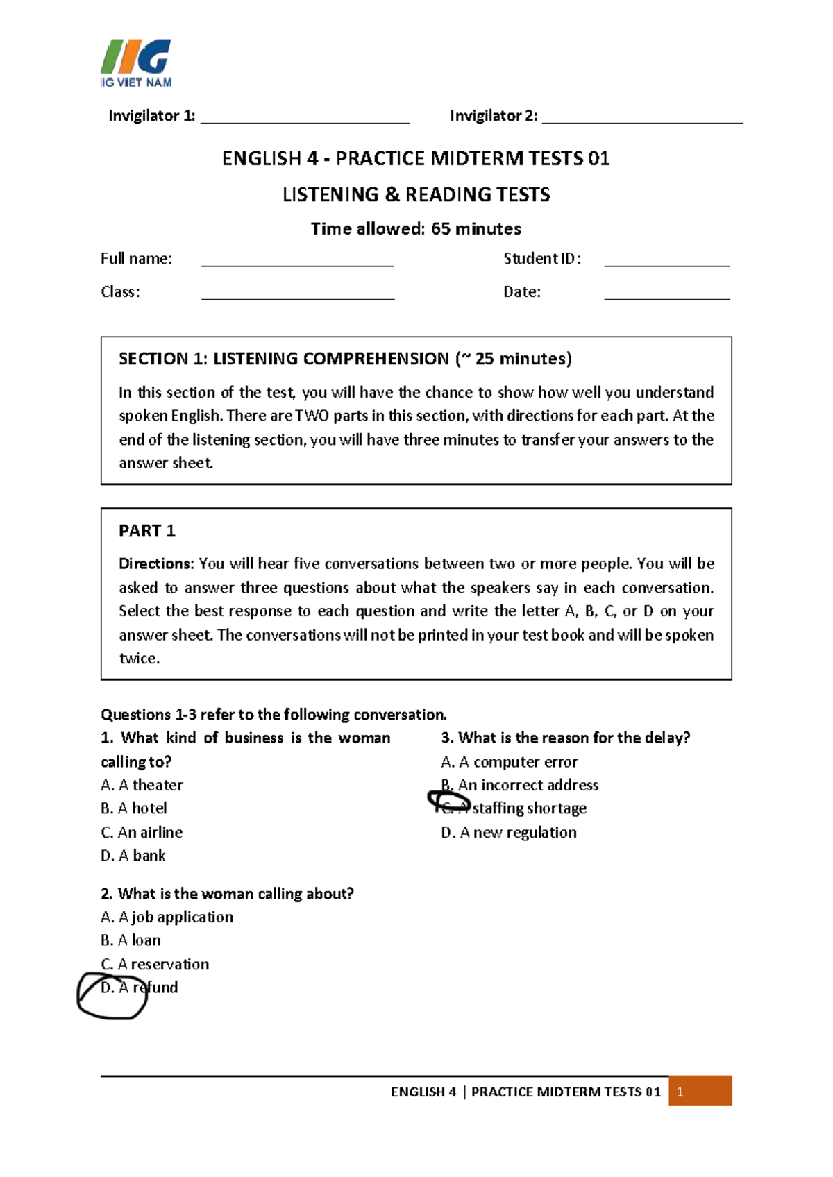 ENGLISH 4 PRACTICE MIDTERM TESTS 01: LISTENING & READING COMPREHENSION ...