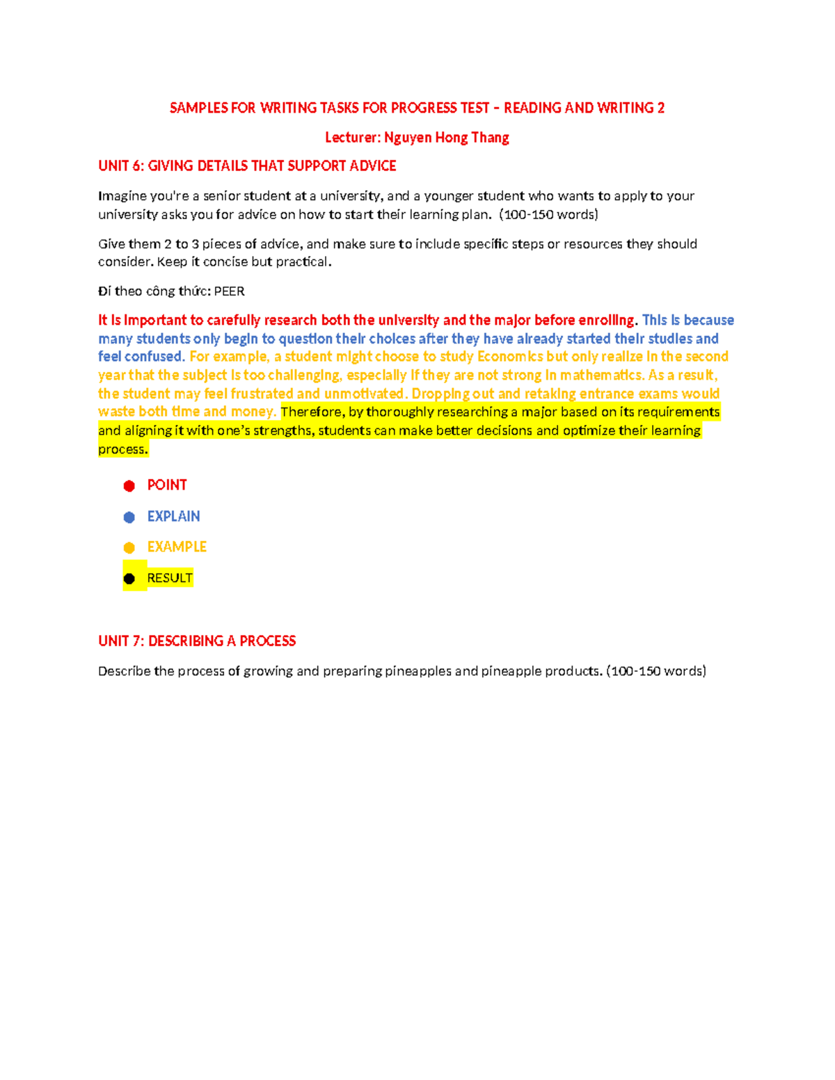 Sample Writing Tasks for Progress Test Reading and Writing 2 - Unit 6 ...