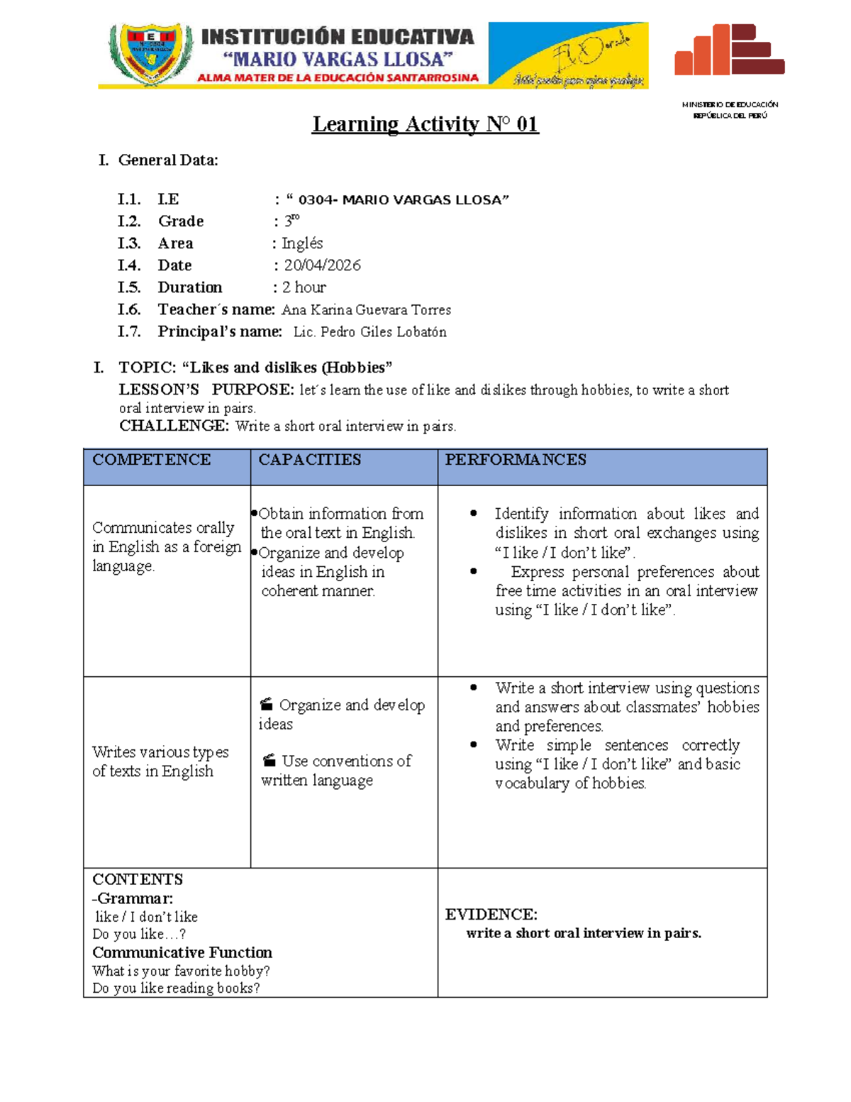 Learning Activity 01: Likes and Dislikes (Hobbies) - English Class ...