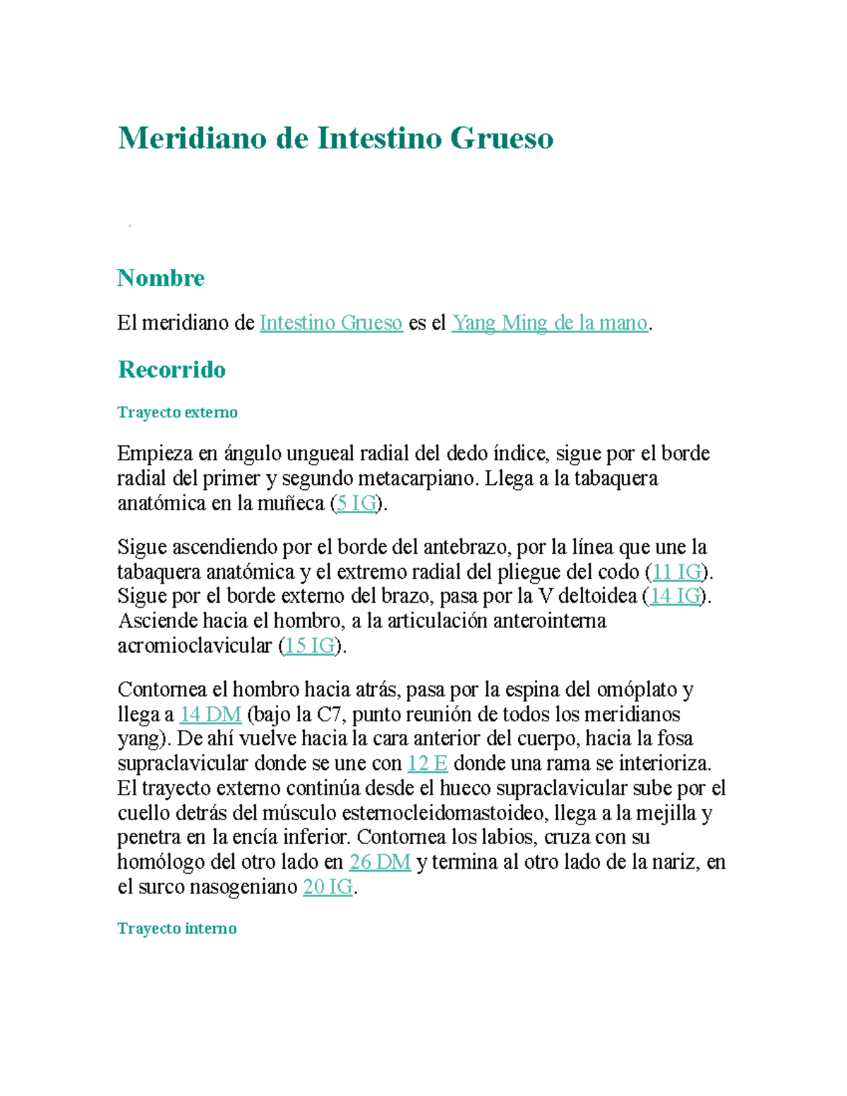 Meridiano de Intestino Grueso: Recorrido, Puntos y Tratamientos - Studocu
