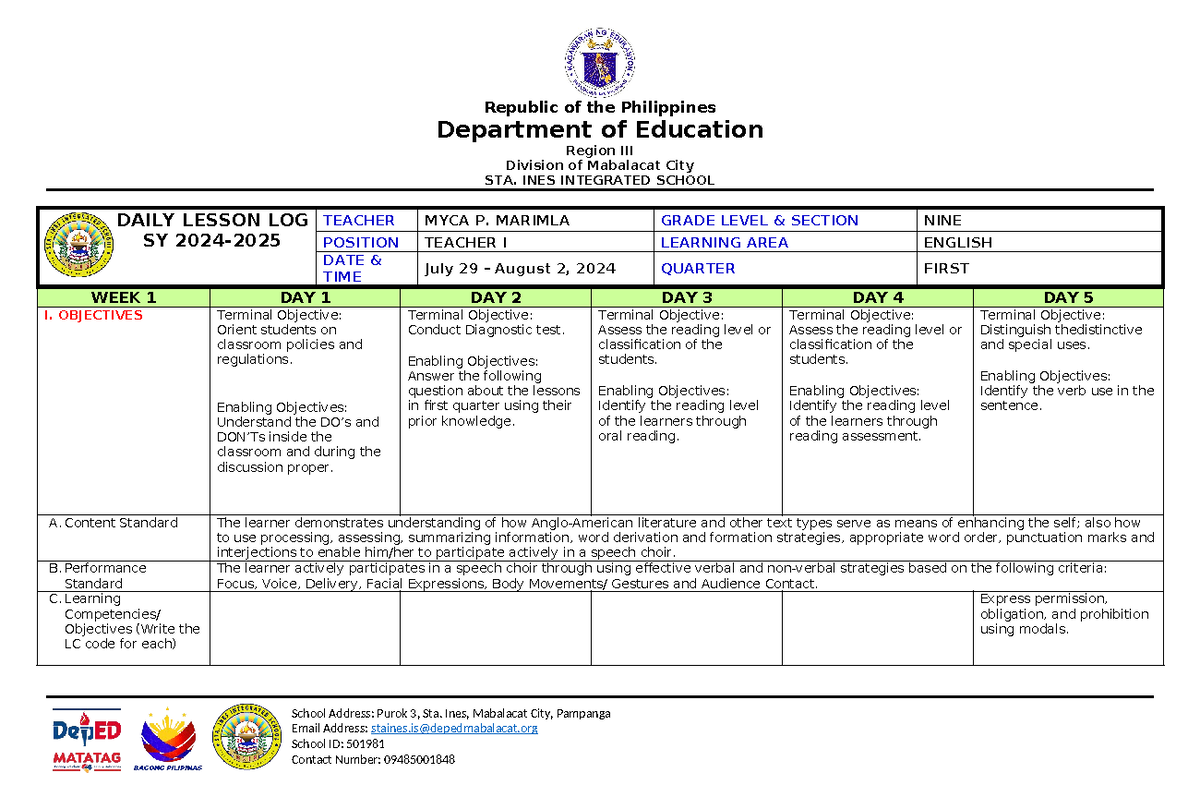 Daily Log Lesson plan - School Address: Purok 3, Sta. Ines, Mabalacat ...