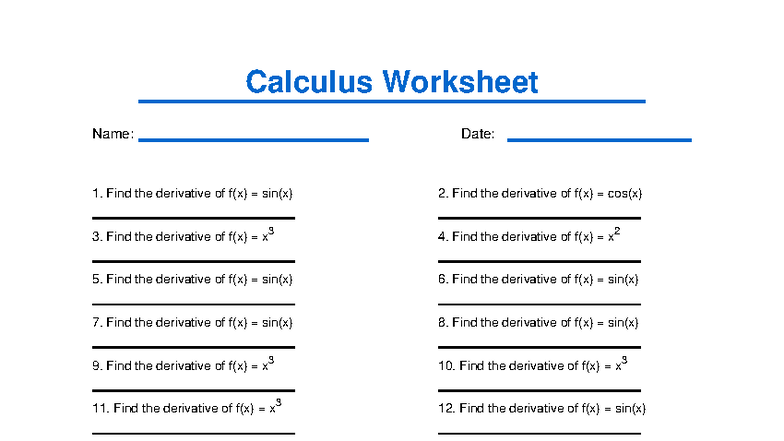 Calculus Worksheet 8 - Derivatives Practice - Studocu