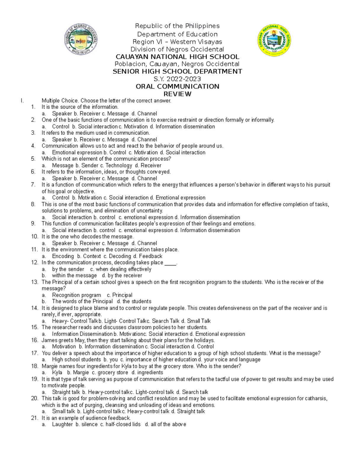 Review - Republic of the Philippines Department of Education Region VI ...