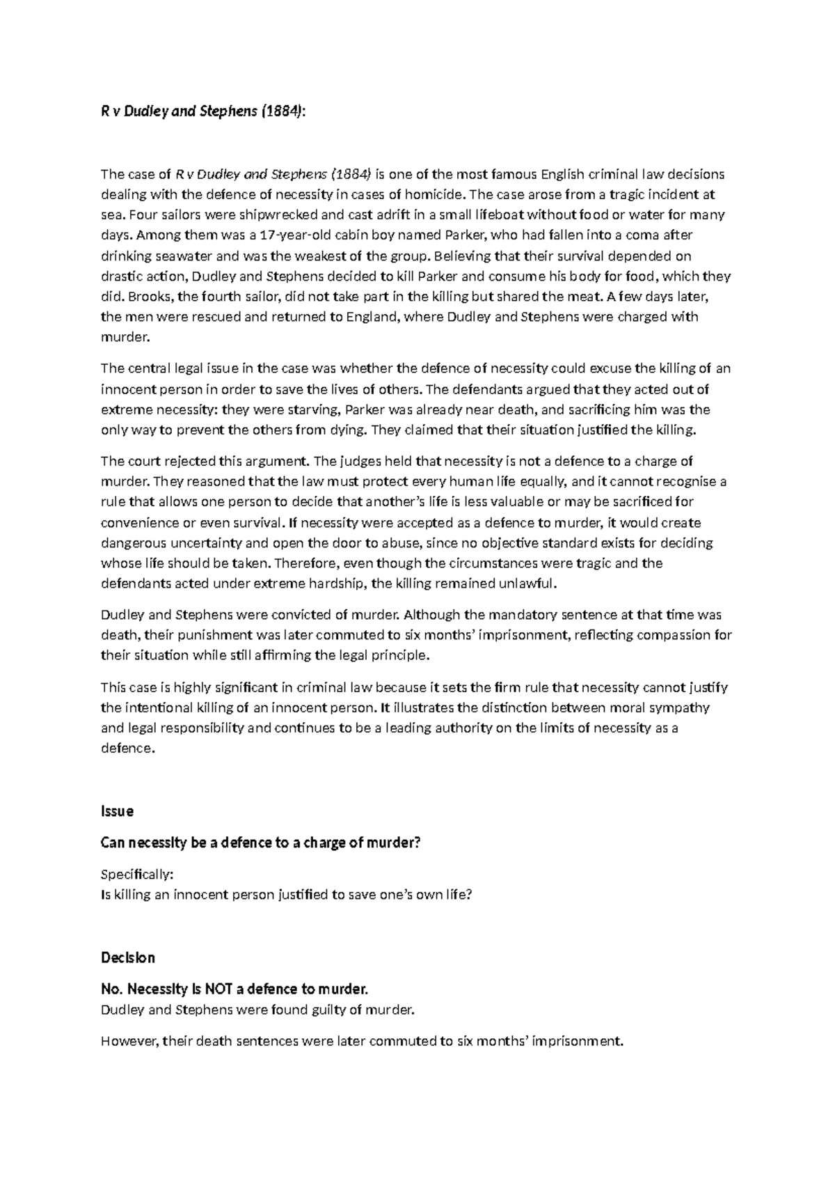 R v Dudley and Stephens (1884): Necessity as a Defence in Murder - Studocu