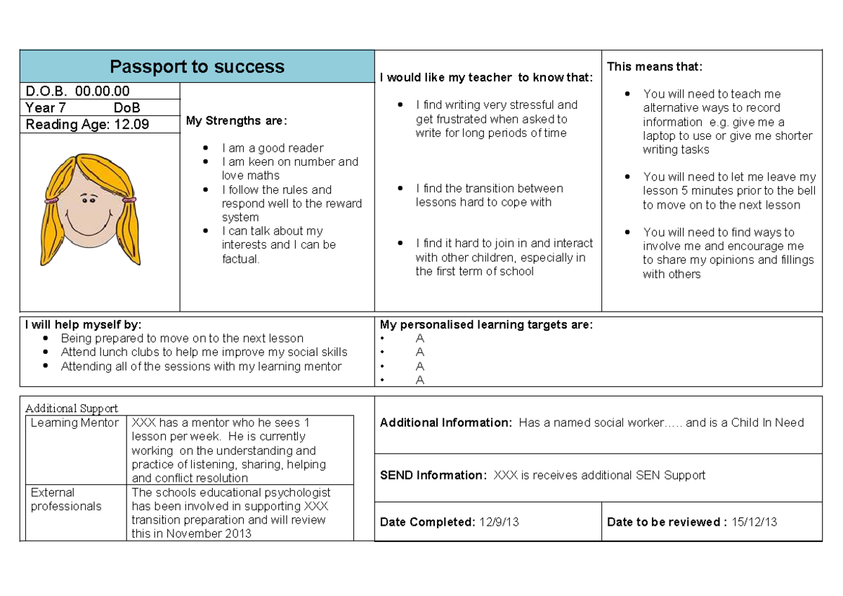 Pupil Profile Example: Year 7 Support & Strengths Overview - Studocu