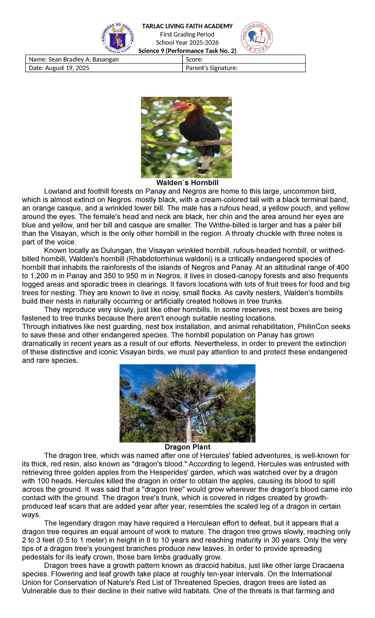 Science 9 (Performance Task No. 2): Endangered Species & Conservation ...