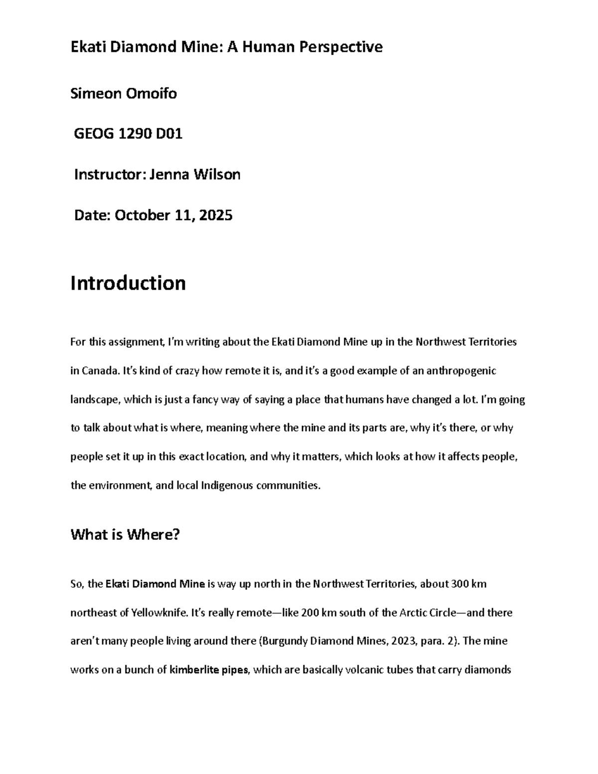 GEOG 1290: Ekati Diamond Mine - A Human Perspective Analysis - Studocu