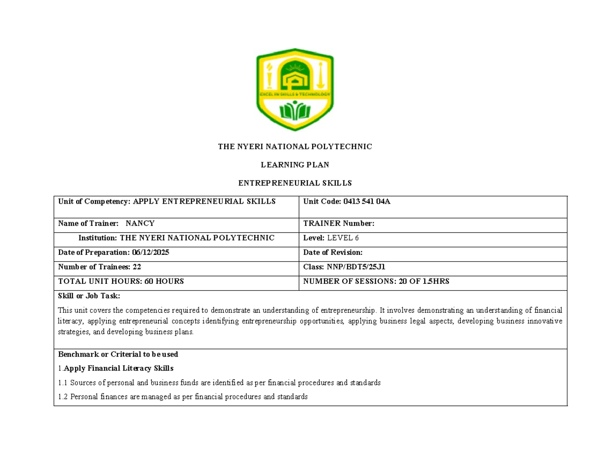 ENTREPRENEURSHIP LESSON PLAN (0413 541 04A) - UNIT 6 - Studocu