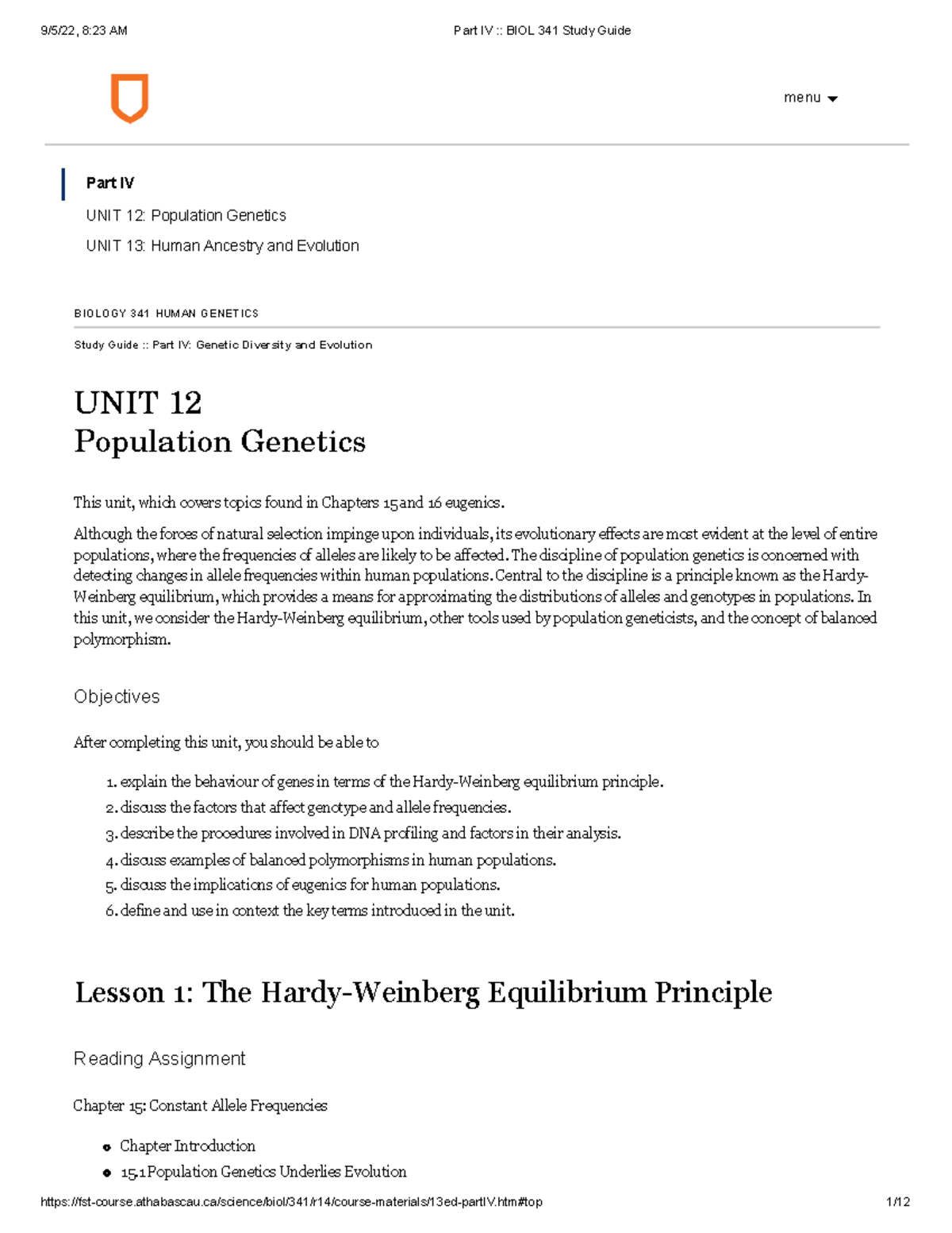 Part IV Study Guide on Population Genetics & Human Evolution: BIOL 341 ...