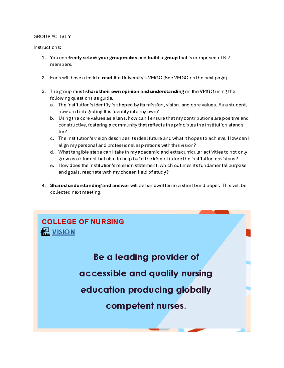 GROUP ACTIVITY: VMGO Reflection for Nursing Students - Studocu