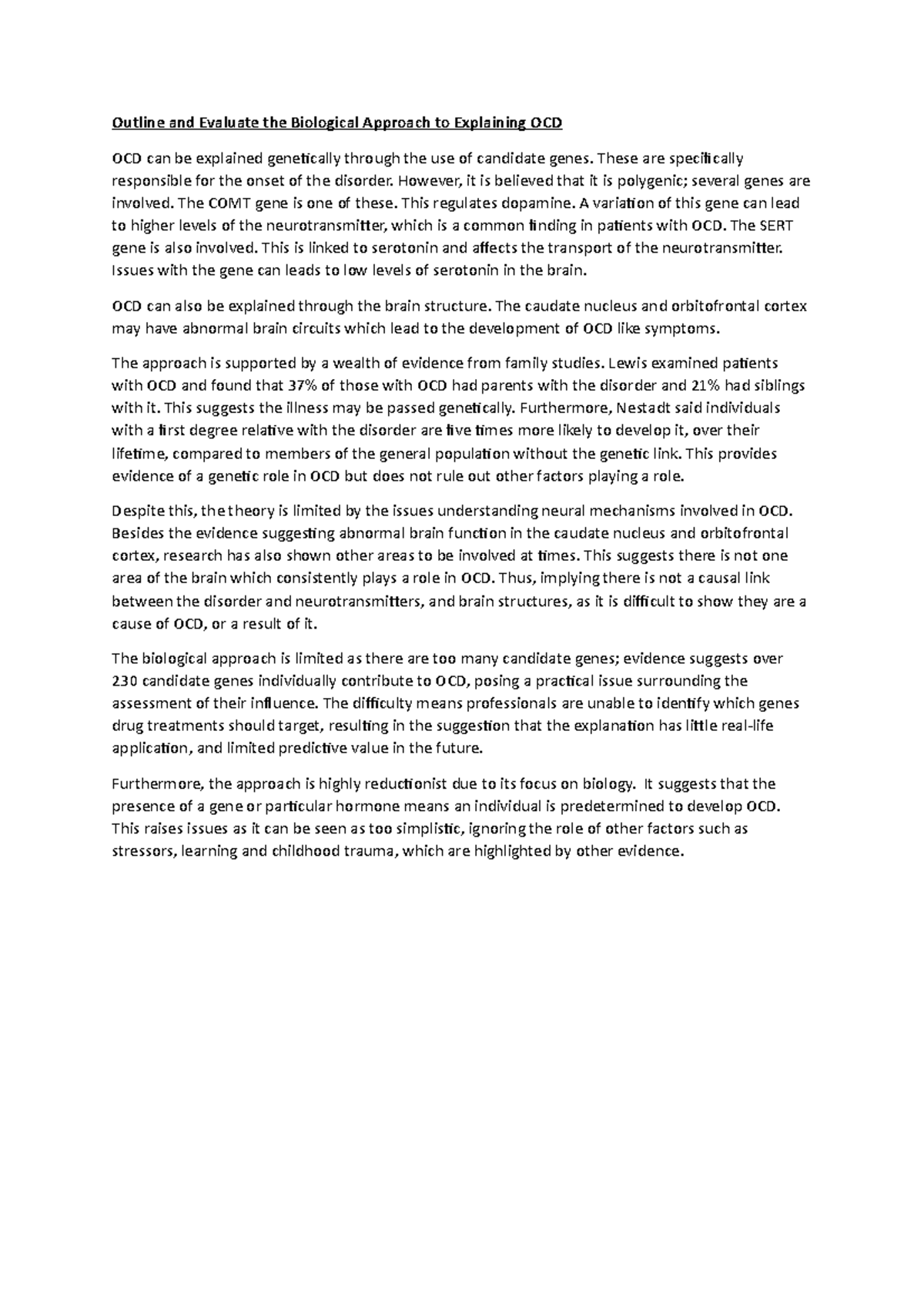 Biological Approach to Explaining OCD: An Evaluation Outline - Studocu