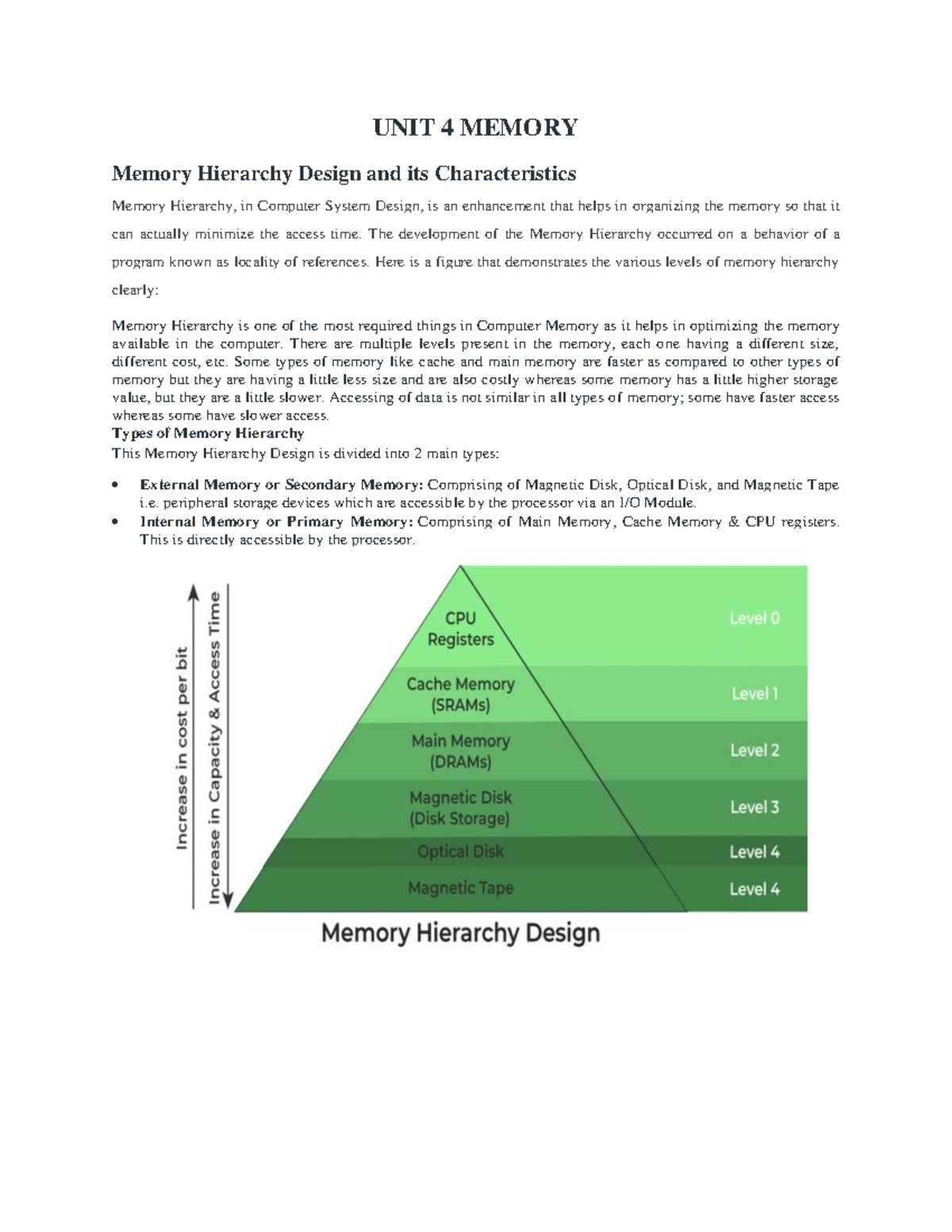 COA Unit 4 Memory Hierarchy Notes and Analysis - Studocu