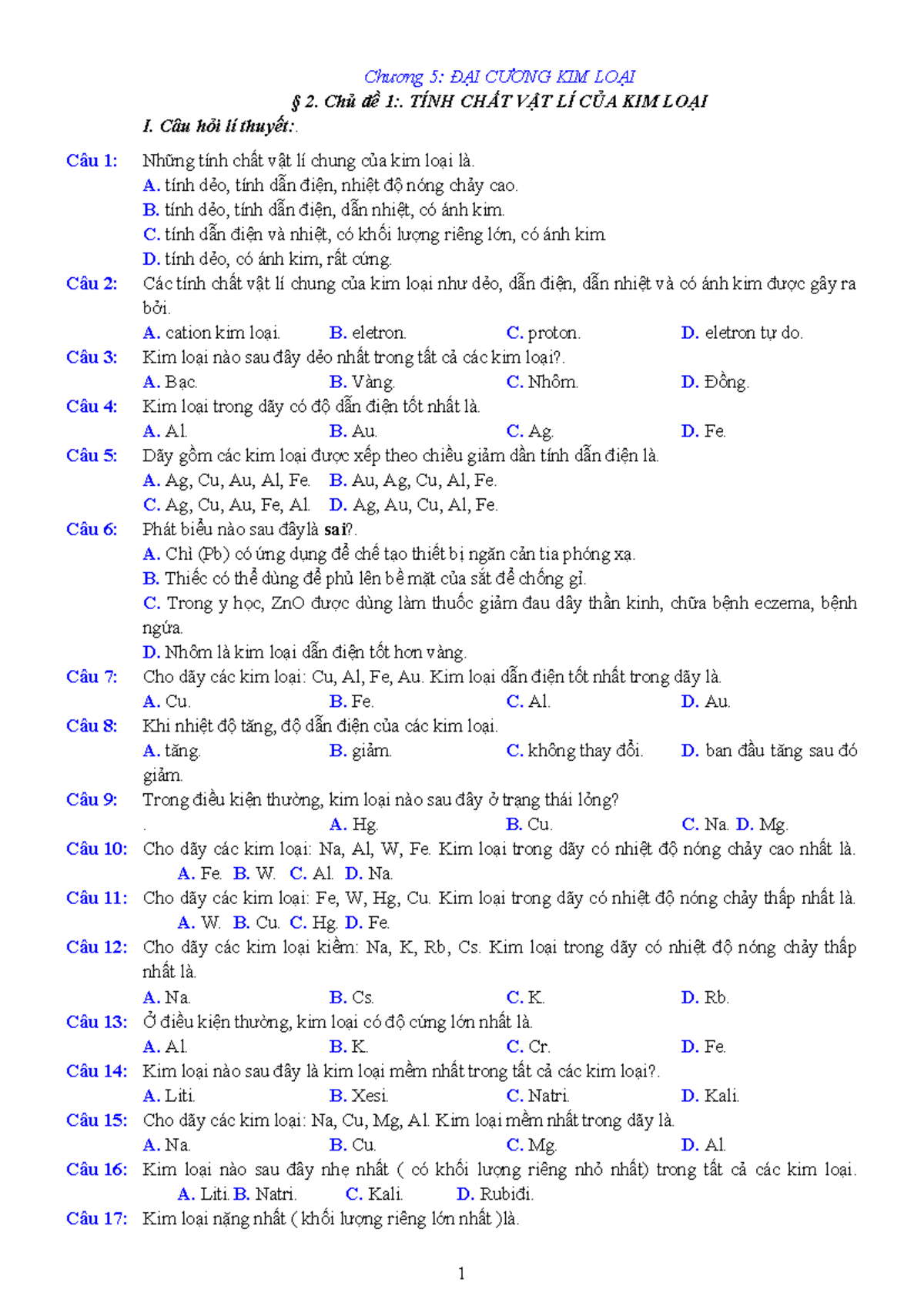 ÔN LÝ THUYẾT ĐẠI CƯƠNG KIM LOẠI 2: TÍNH CHẤT VẬT LÍ VÀ ĐIỆN HÓA - Studocu
