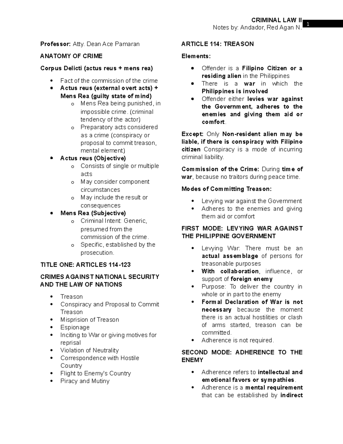 Criminal Law II Lecture Notes - Arellano Law - Crim 2023 - Studocu