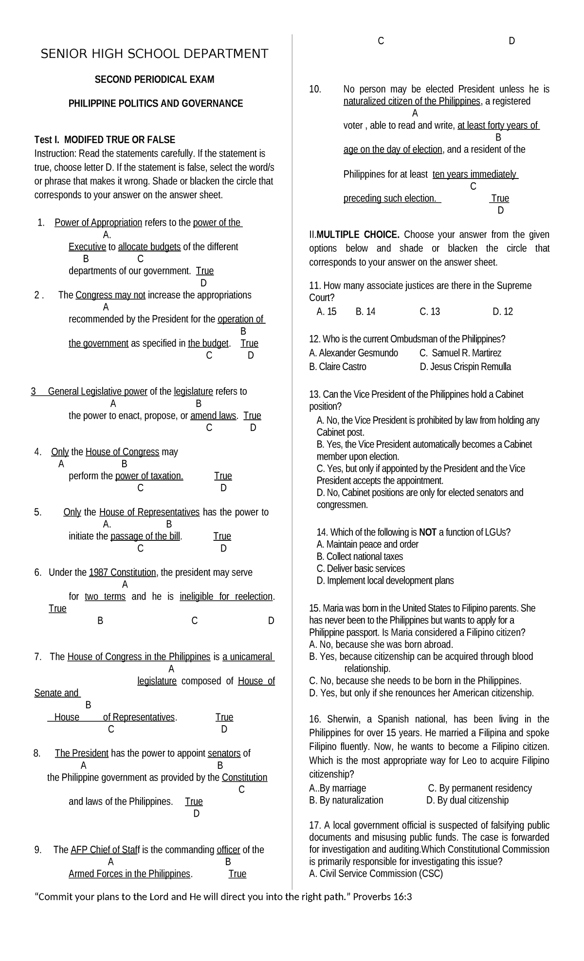 SET B POL GOV 2ND Periodical Exam: Philippine Politics & Governance ...