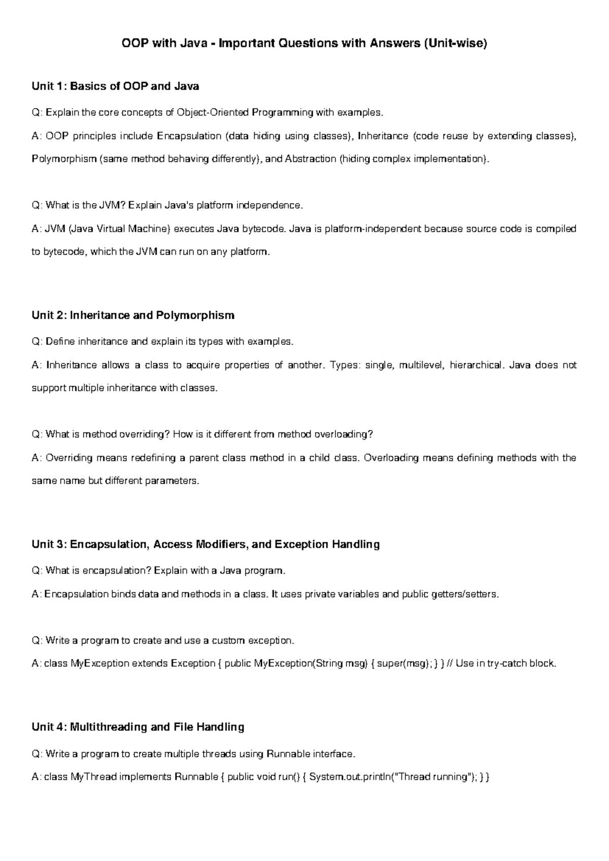OOP Java Important Questions with Answers - A: OOP principles include ...