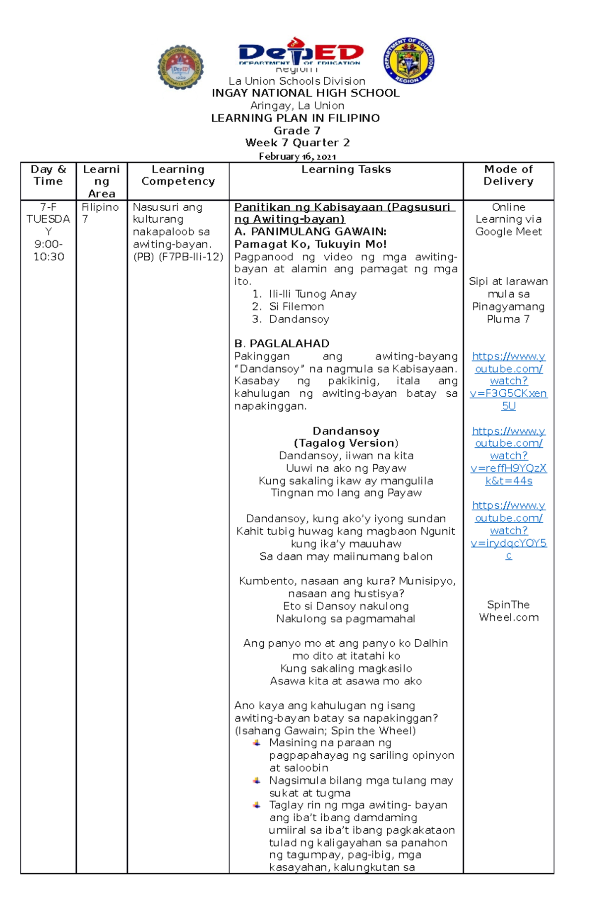 Grade 7 Filipino Lesson Plan: Awiting-Bayan Dandansoy Analysis - Studocu