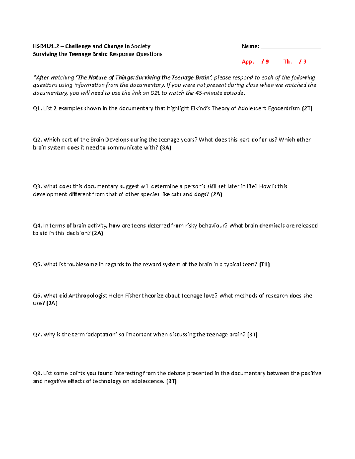 HSB4U1.2 - Surviving the Teenage Brain: Response Questions Guidelines ...