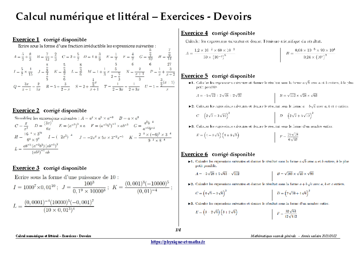 Calcul litteral exercices - Calcul numérique et littéral – Exercices - Devoirs Exercice 1 ...