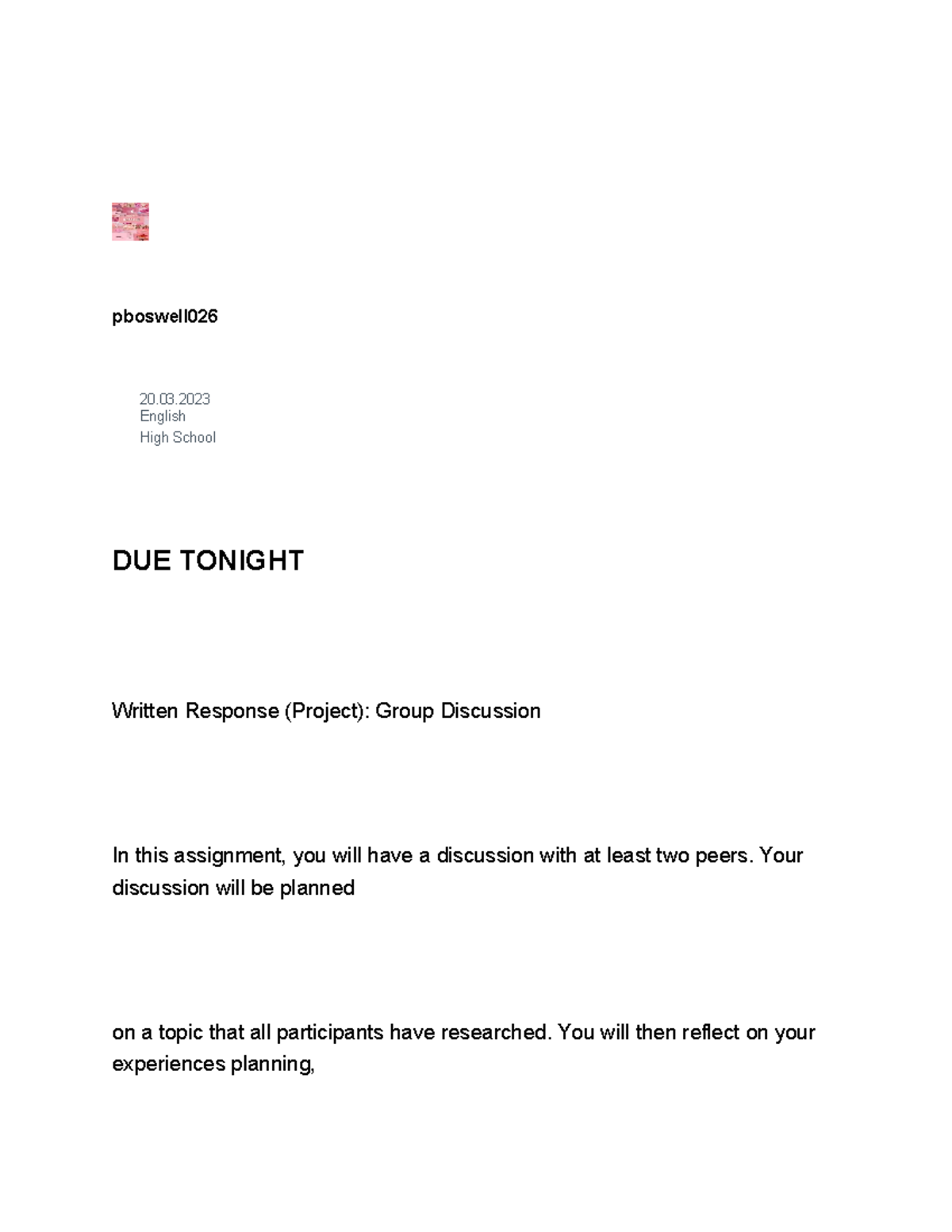 ENG 20.03 Written Response Project: Group Discussion Guide - Studocu